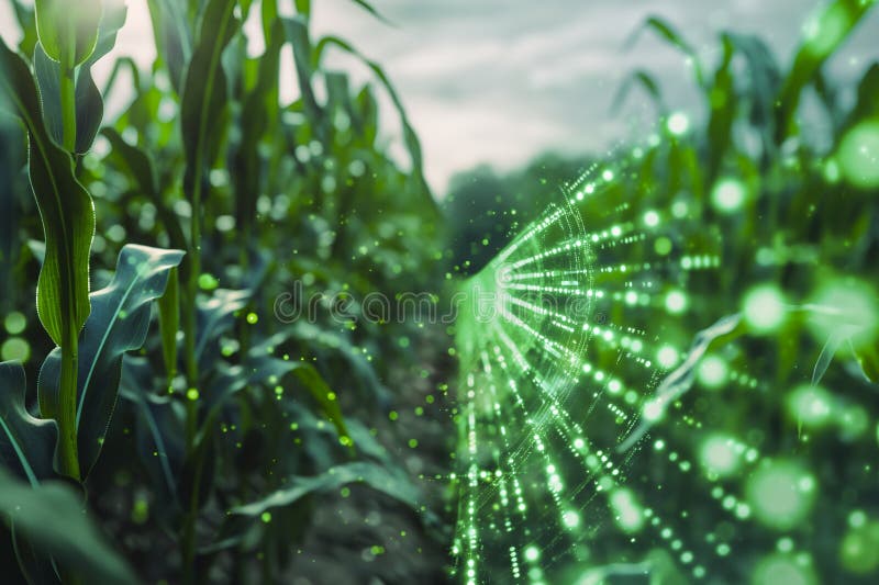 Agricultural Technologies on the Farm. Corn Field with Holographic Data ...
