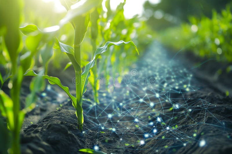 Agricultural Technologies on the Farm. Corn Field with Holographic Data ...