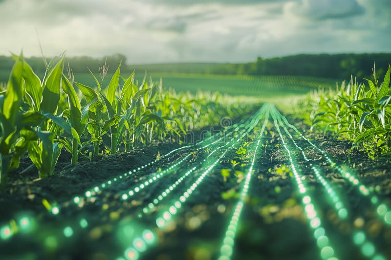 Agricultural Technologies on the Farm. Corn Field with Holographic Data ...