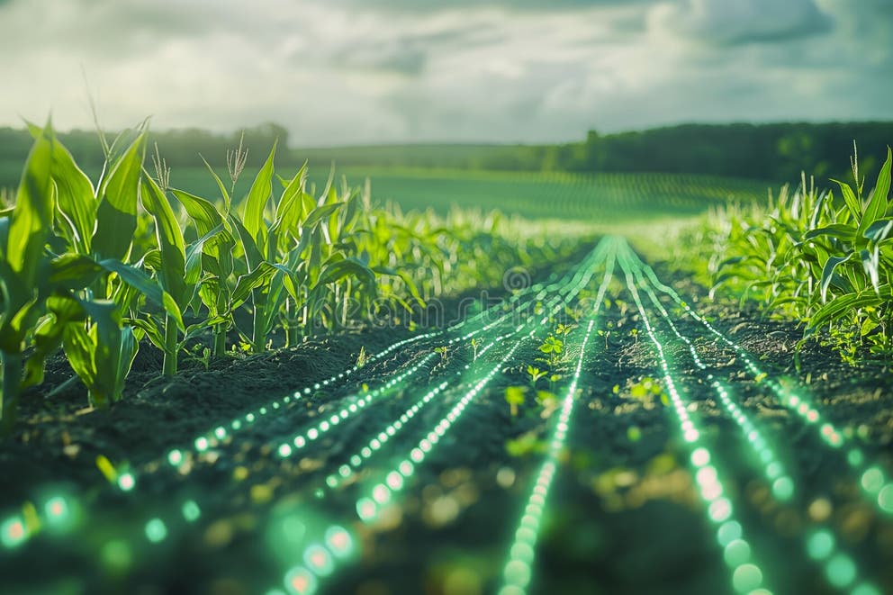 Agricultural Technologies on the Farm. Corn Field with Holographic Data ...