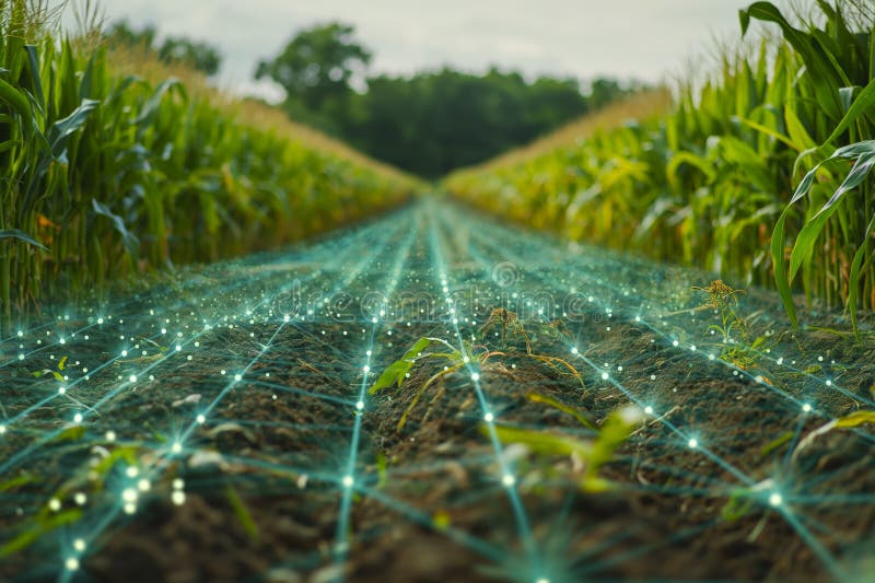 Agricultural Technologies on the Farm. Corn Field with Holographic Data ...