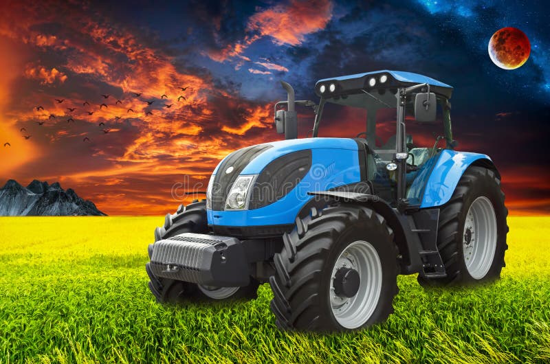 Blue Tractor with Dump Truck. Agricultural Machine. Tractor on a White ...