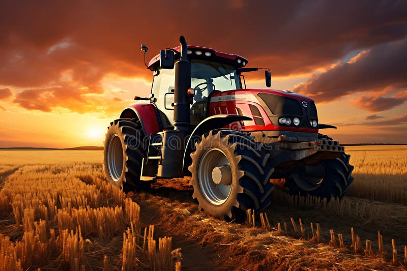 Agricultural Tractor in the Field at Sunset. Agricultural Machinery ...