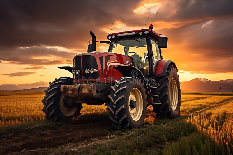 Agricultural Tractor in the Field at Sunset. Agricultural Machinery ...