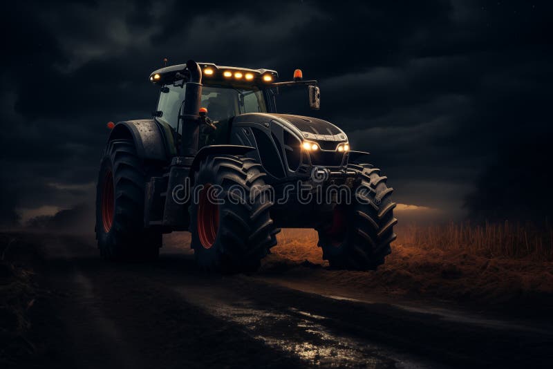 Agricultural Tractor with Headlights at Night. Stock Photo - Image of ...