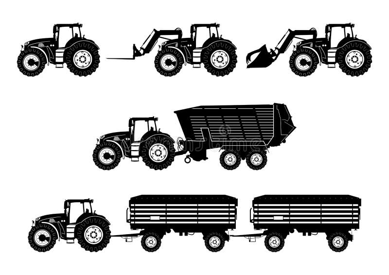 Modern Tractor Silhouettes with Additional Equipment. Stock Vector ...