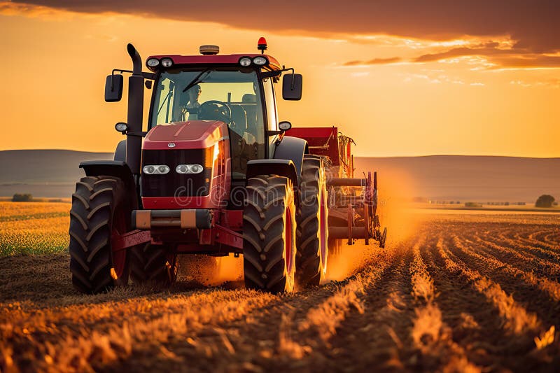 Agricultural Workers Ploughing a Field with Tractors at Sunset ...