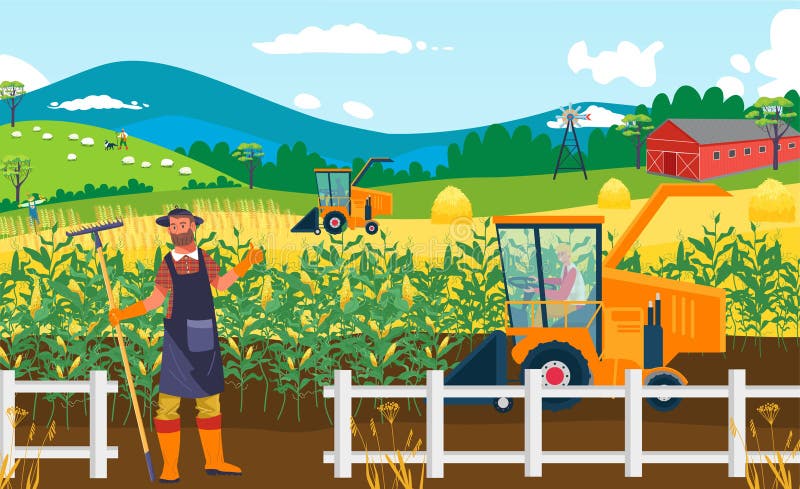 Agriculture Crop Farm Field Vector Illustration Rural Man Farmer
