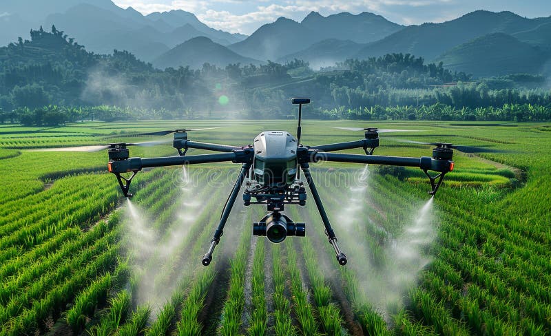 Agriculture Drone Fly To Sprayed Fertilizer on the Rice Fields. a Drone ...