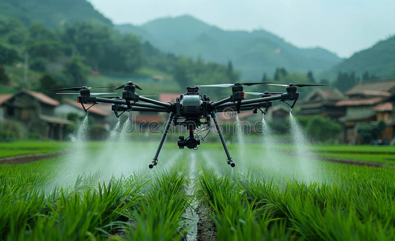 Agriculture Drone Fly To Sprayed Fertilizer on the Rice Fields. a Drone ...