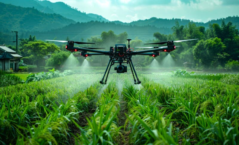 Agriculture Drone Fly To Sprayed Fertilizer on the Rice Fields. a Drone ...