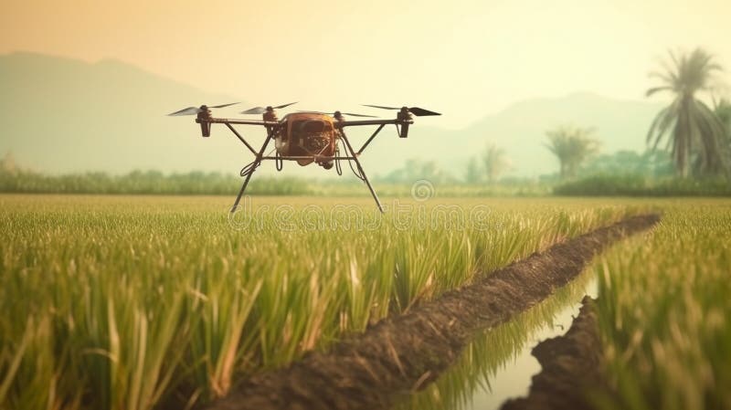 Agriculture Drone Flying On Rice Farm To Sprayed Fertilize Ai Generative Stock Illustration