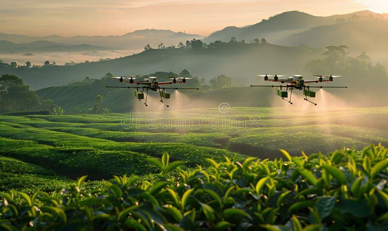 Agriculture Drones Spraying Crops in a Tea Plantation Stock ...