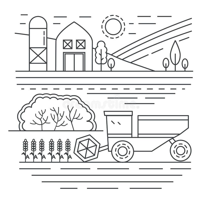 Agriculture Farm Thin Line Concept Landscape Template Vector ...