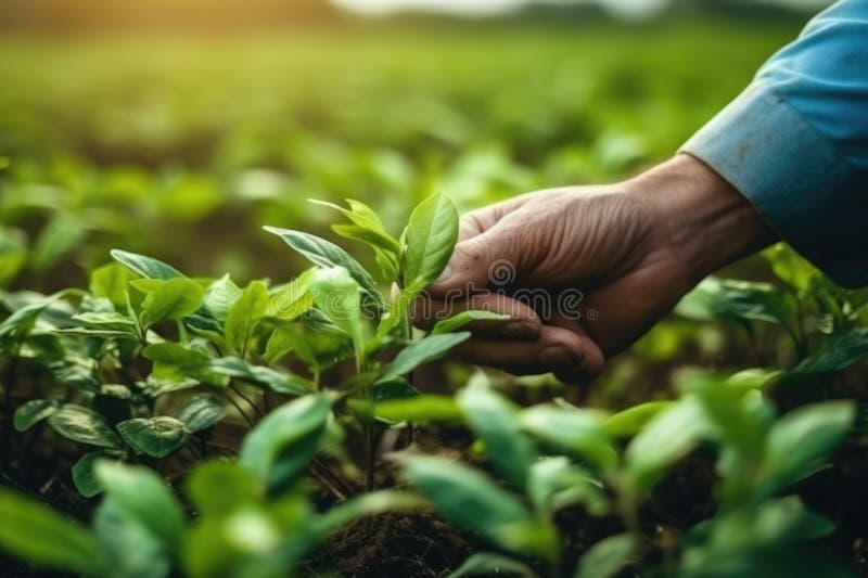 Farmer Hand Touching Plants Crop at Farm, AI Generative Stock ...