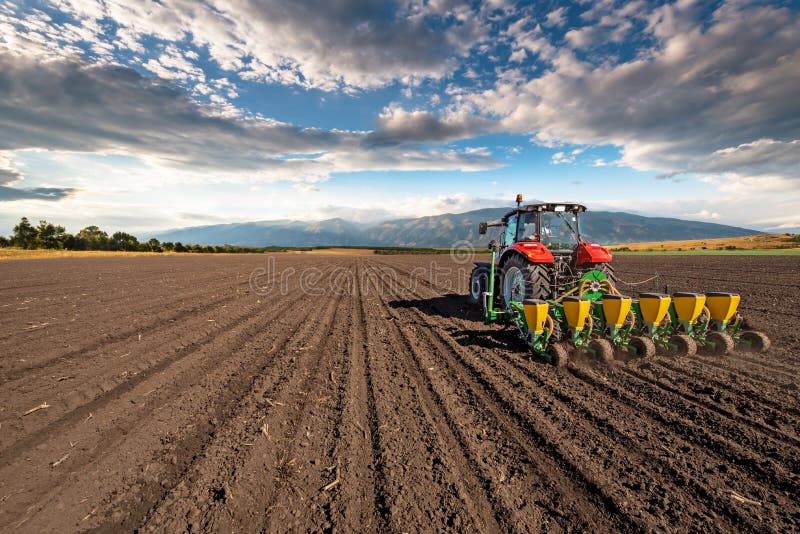 Agriculture Tractor Sowing Seeds. Stock Photo - Image of dust ...
