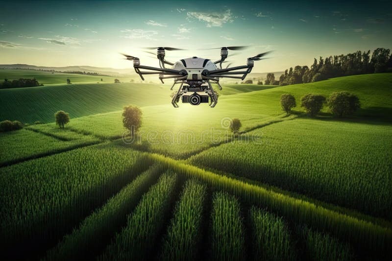 Agronomist Drone Flying Over Large Green Field with Herbs Stock ...