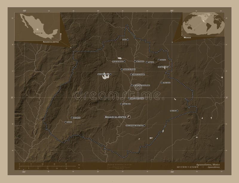 Aguascalientes, Mexico. Sepia. Labelled Points of Cities Stock ...