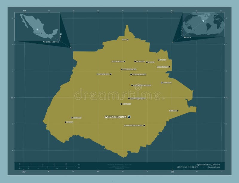 Aguascalientes, Mexico. Solid. Labelled Points of Cities Stock ...