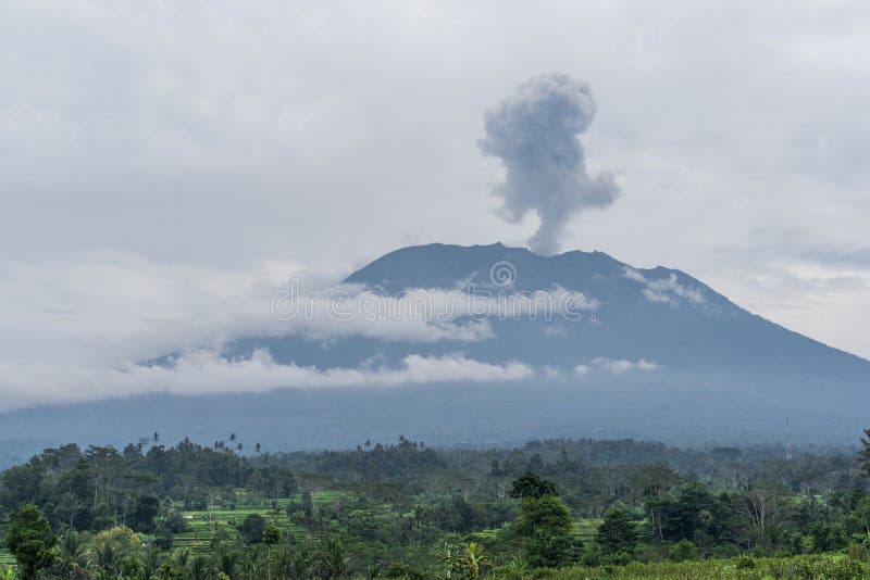 Agung Volcano Eruption View Near Rice Fields, Bali Stock Image - Image ...