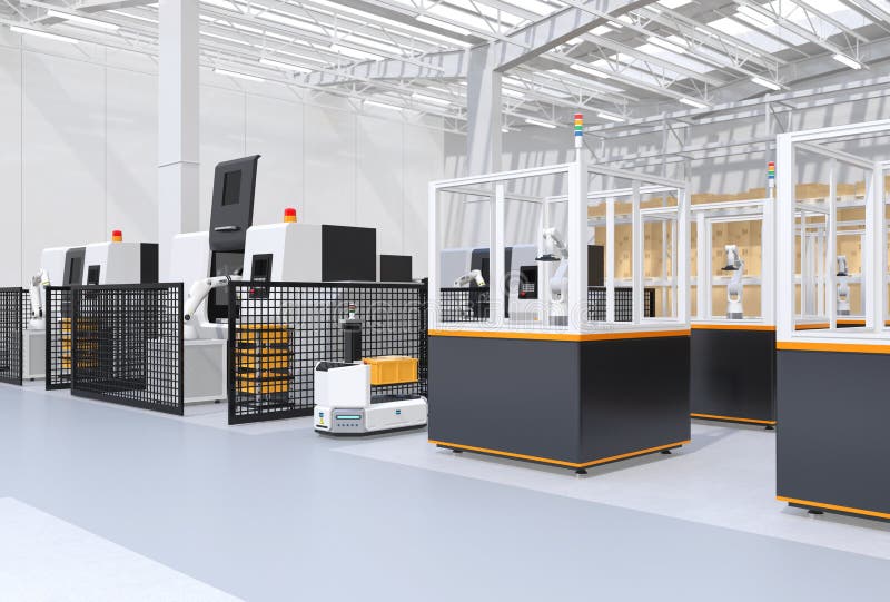 AGV Passing Robot Cell-production Units and CNC Machines Stock ...