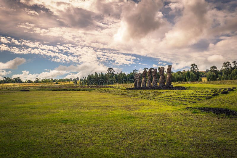 Ahu Akivi, Easter Island - July 12 2017: Moai Statues of Ahu Akivi ...