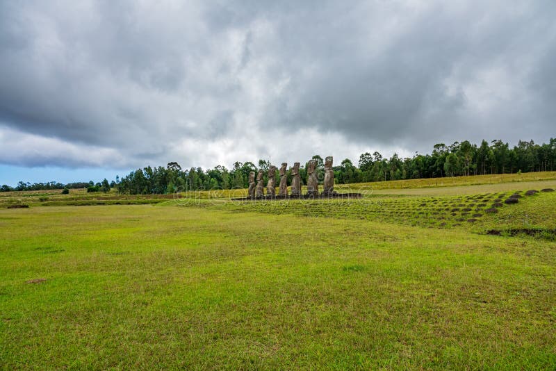 Ahu Akivi Wide Angle View in Easter Island Stock Image - Image of ...