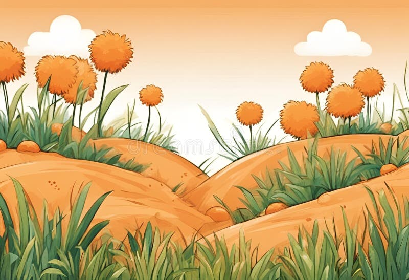 Orange Grassy Forest Trail Background.Cartoon Abstract Art. Stock ...