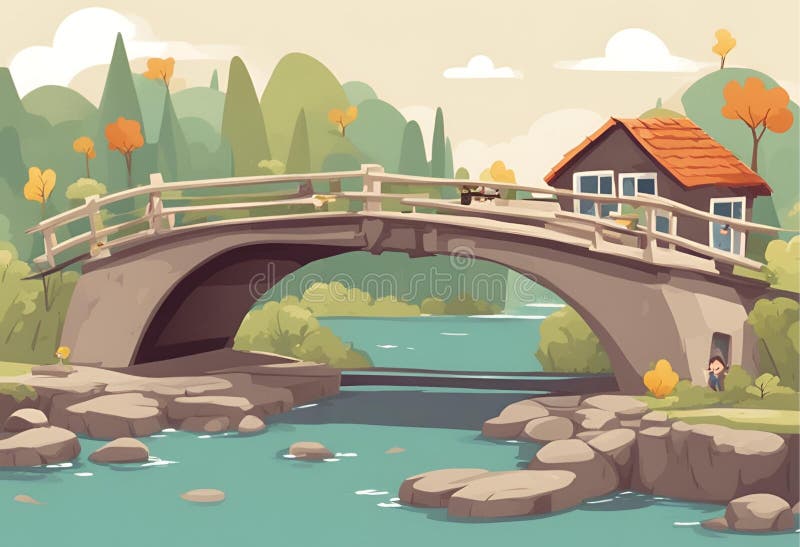 Beautiful Bridge Backdrop Over Water.Cartoon Abstract Art.AI Generated ...