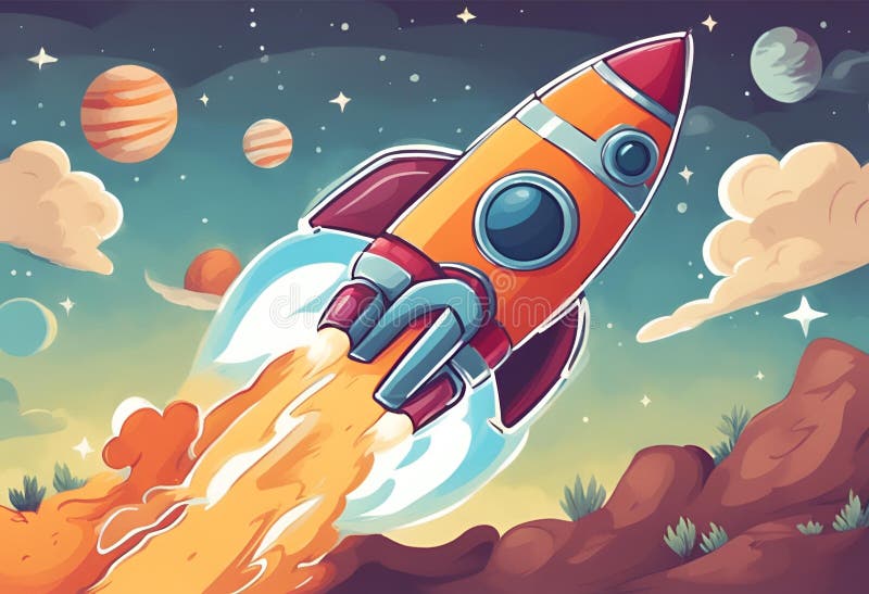 Rocket Launching into Outer Space.Cartoon Abstract Art.AI Generated ...