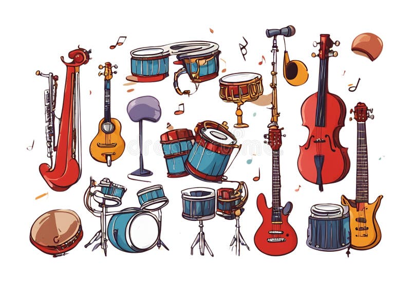 Various Musical Instruments.Cartoon Abstract Art.AI Generated Stock ...