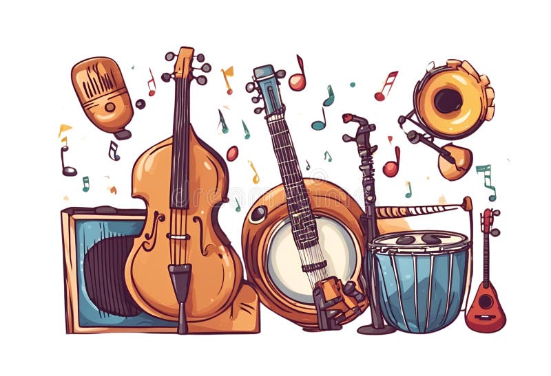 Various Musical Instruments.Cartoon Abstract Art.AI Generated Stock ...