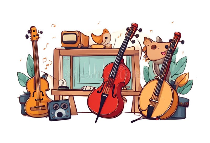 Various Musical Instruments.Cartoon Abstract Art.AI Generated Stock ...