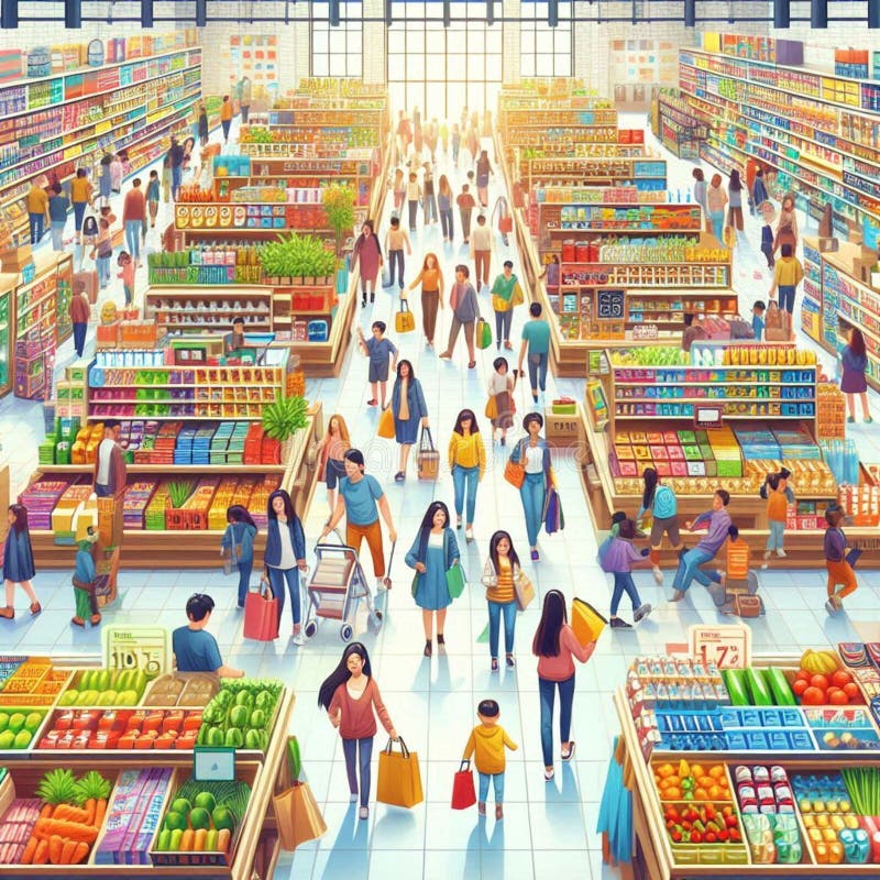 A really Busy Supermarket with a Lot of Shoppers Come To Buy Something ...