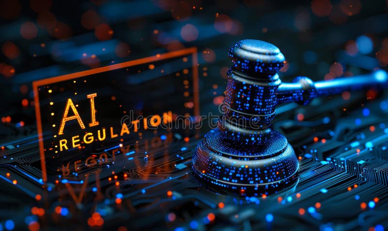 AI Act Regulation Gavel on Circuit Board Amid Glowing Orange Lights ...