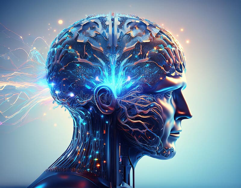 AI Agent. Artificial Brain. Neural Network Glowing with Cold Blue ...