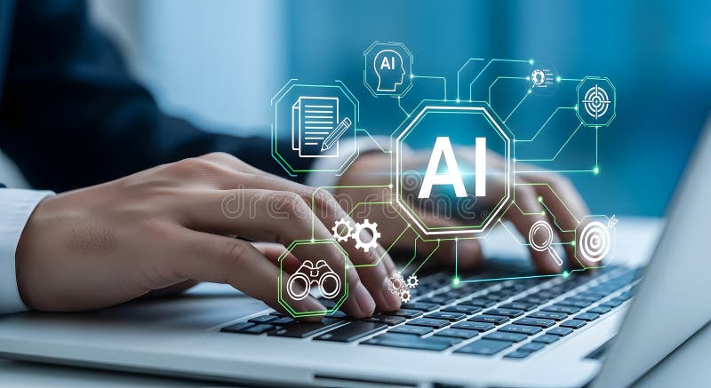 AI Agent in Business Concept, Person Using Laptop with Glowing ...