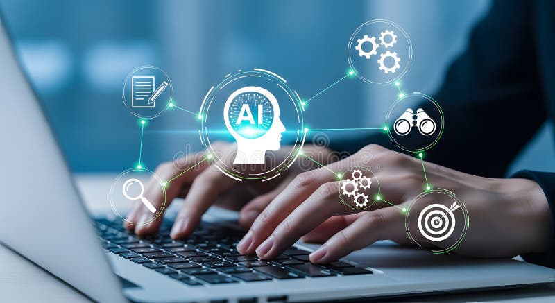 AI Agent in Business Concept, Person Using Laptop with Glowing Holographic Interface with Ai ...