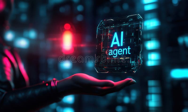 AI Agent Hologram Displayed in Futuristic Digital Environment with Neon ...