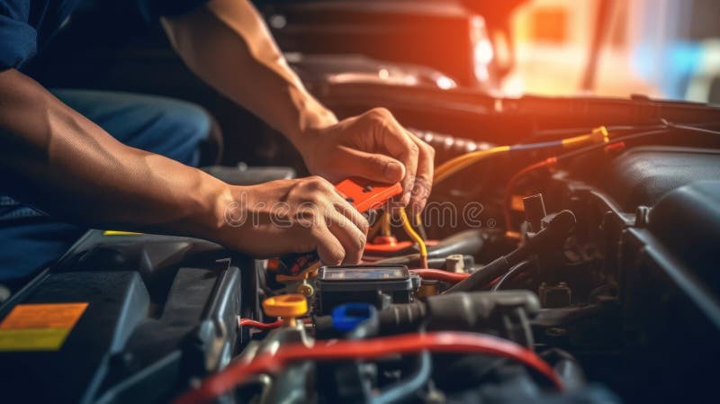 Mechanic Hands Using a Multimeter To Test Car Engine Focus on Hands ...