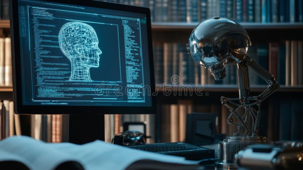 AI Algorithms Visualized on Computer Screen in Modern Library Setting Stock Illustration ...