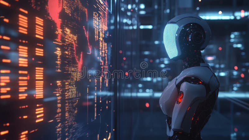 AI Analyst Robot Gazing at Complex Data Displays in a Futuristic ...