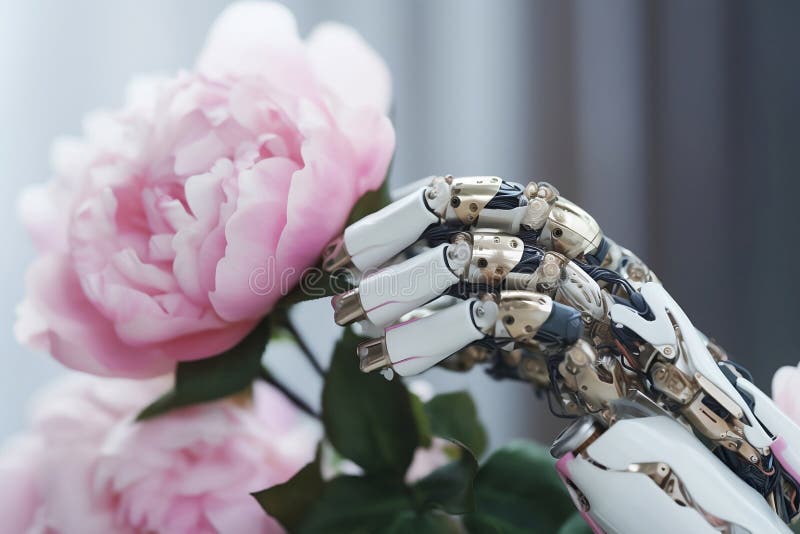 AI Android Hand Reaching for Peony Flower. Generative AI Stock ...