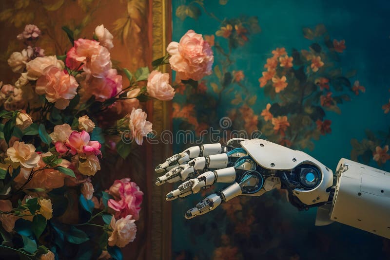 Android Hand Reaching Towards Flowers. Generative AI Illustration Stock ...