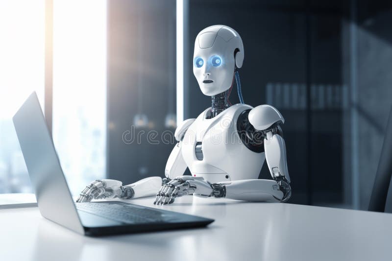 AI Android Robot ChatGPT Sitting on Desk and Using Computer To Chat ...
