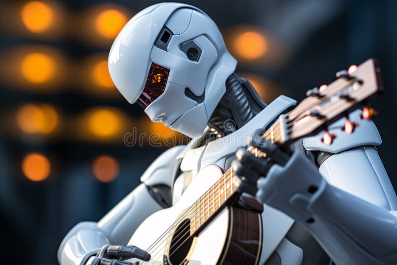 White Artificial Intelligence Ai Robot Playing Accoustic Guitar Stock ...