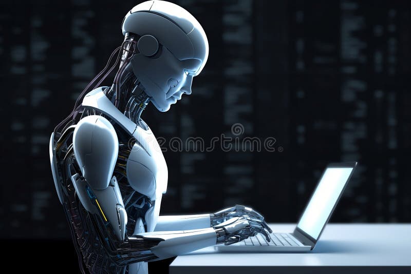 AI Android Robot Writing Text on Laptop. Generative AI Stock ...