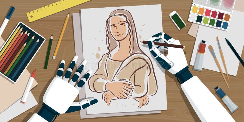 AI Robot Drawing a Picture in an Art Gallery Using AI Image Generator ...
