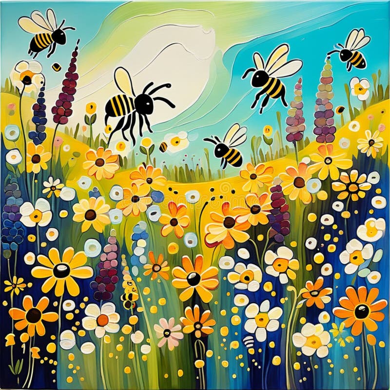 Whimsical bees in garden stock illustration. Illustration of flower ...