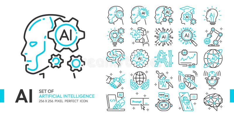 AI Artificial Intelligence Blue Line Icon Set AI Technology Concept ...